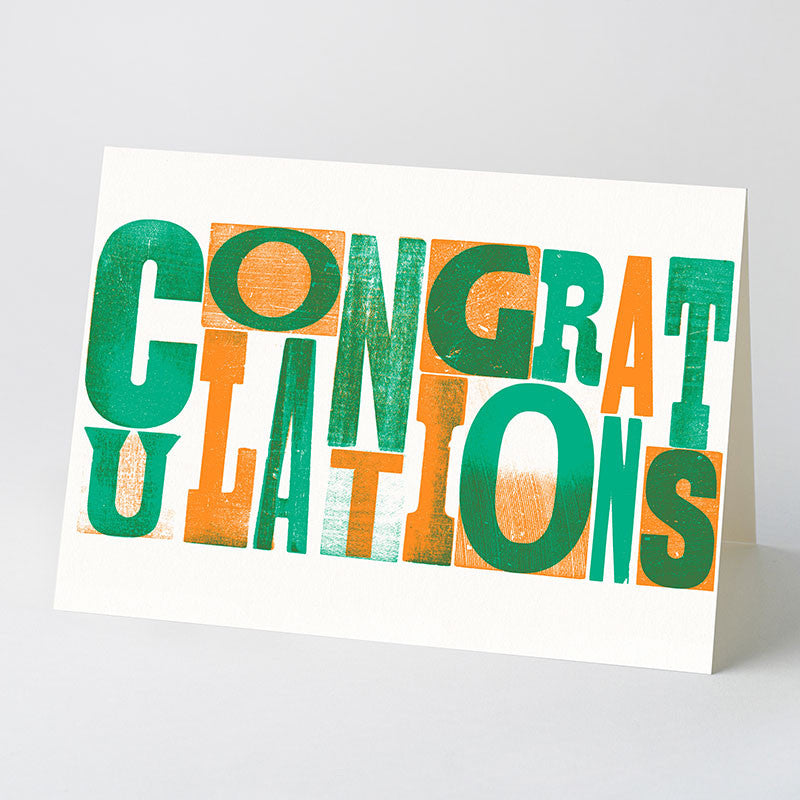 ‘Congratulations’ wood type card – green/orange – Typoretum